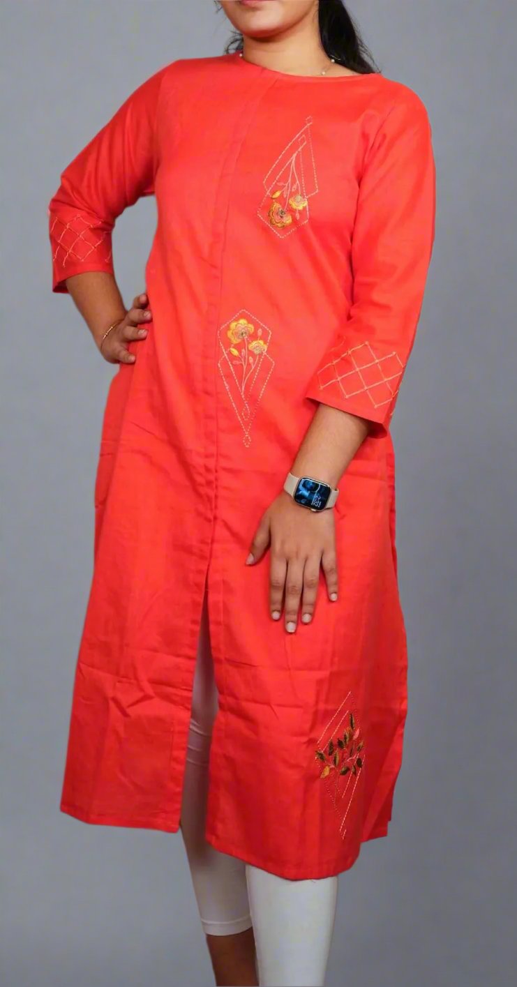 Tomato Red Embroidered Kurti